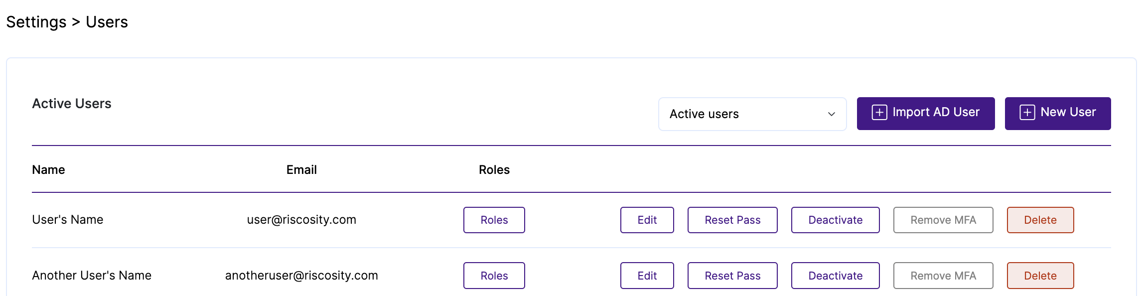 Settings -> Users Page – Riscosity